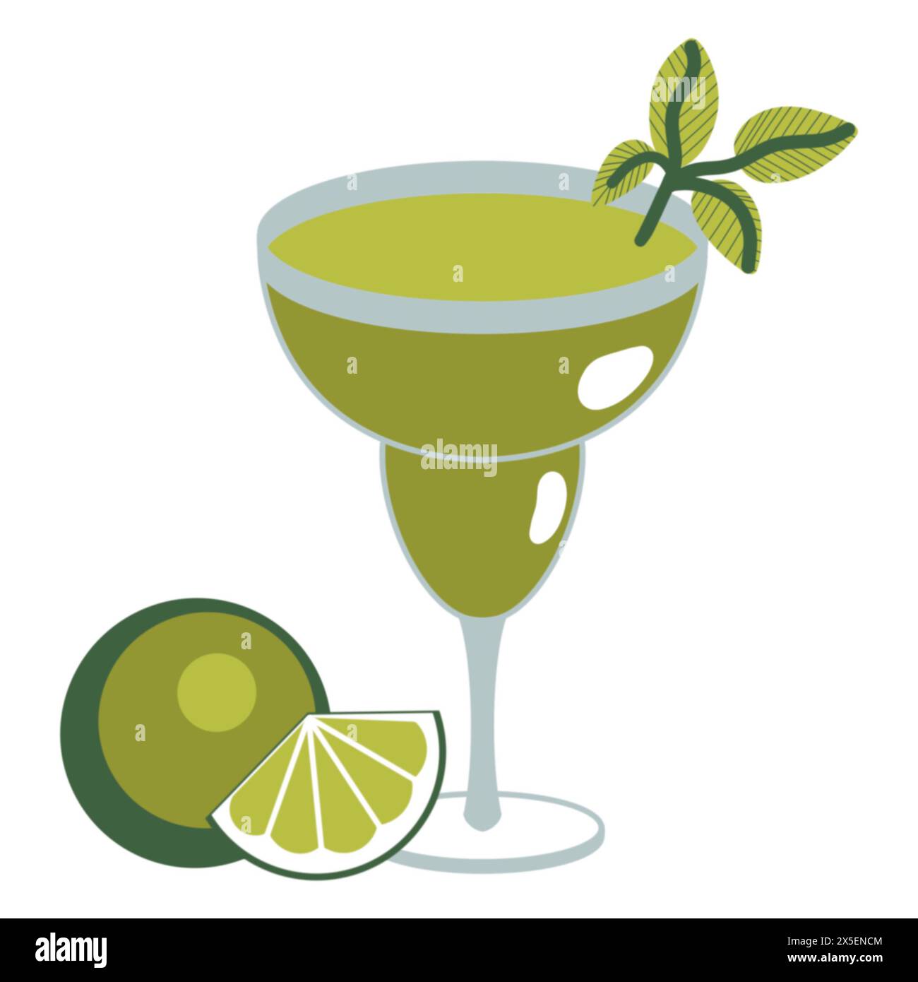 illustrations of cocktail and limes whole and slices on a white ...