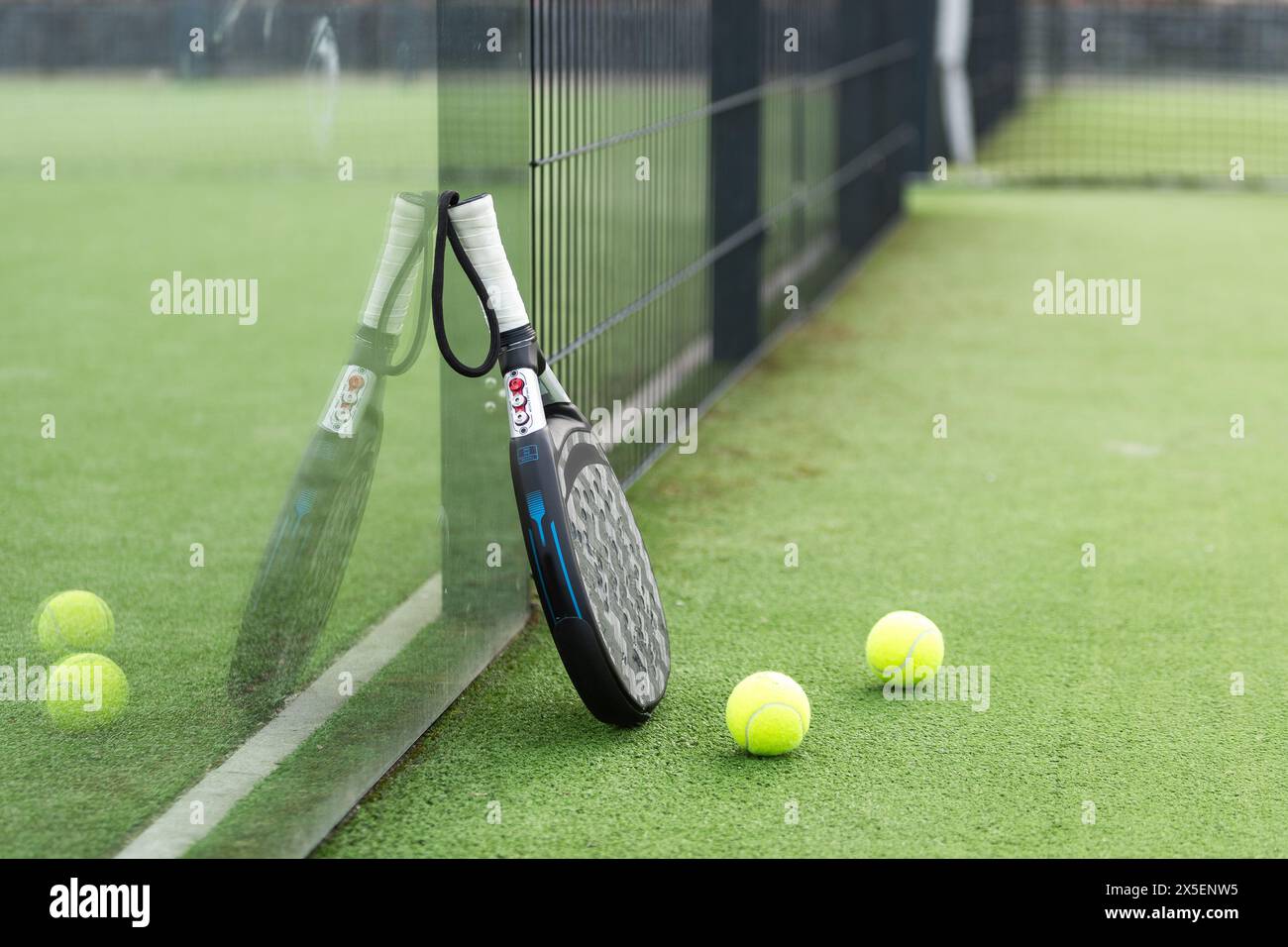 Paddle tennis racket, ball and net on the grass Stock Photo - Alamy