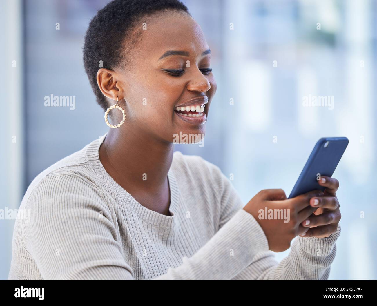 Cellphone, smile and typing and black woman, social media and scrolling ...