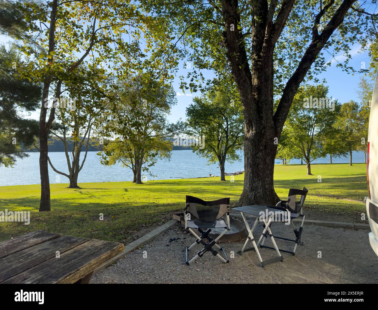 The view of a lake and mountain from a campsite at Defeated Creek Park ...