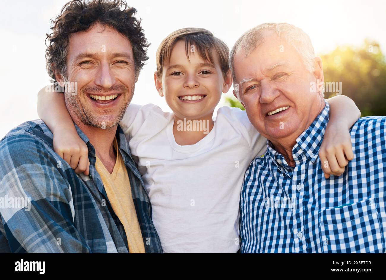 Portrait, father and grandfather with kid in outdoor park for happiness ...