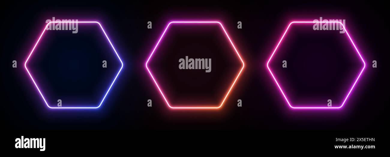 Hexagon neon frame. Light gradient border. Laser geometric shape. LED ...