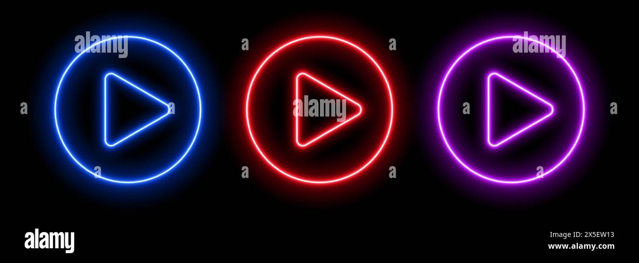 Neon play button. Glow game music icon. Laser triangle in a circle. For ...