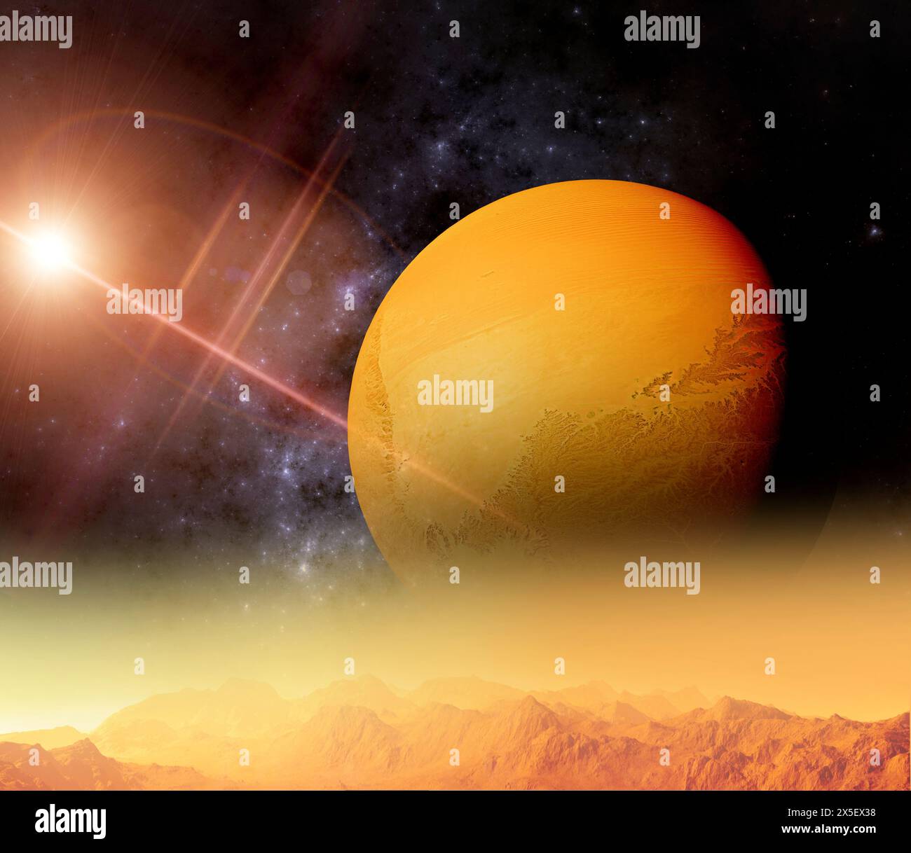 Sci-fi landscape. Exoplanet seen from one of its moons. Satellites of ...