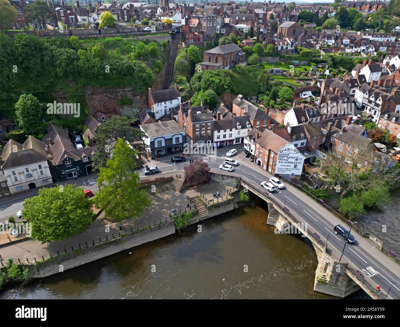 Drone aerial photo of the town, Bridgnorth Bridge and River Severn at ...