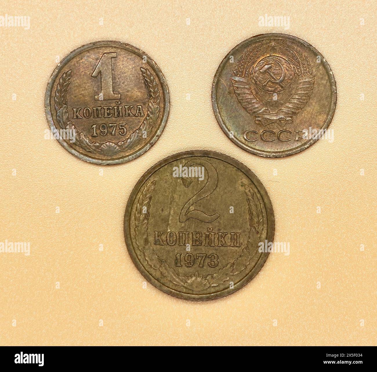 Photo of circulated 1973 1975 Russian Soviet 1 and 2 kopek coins Stock ...