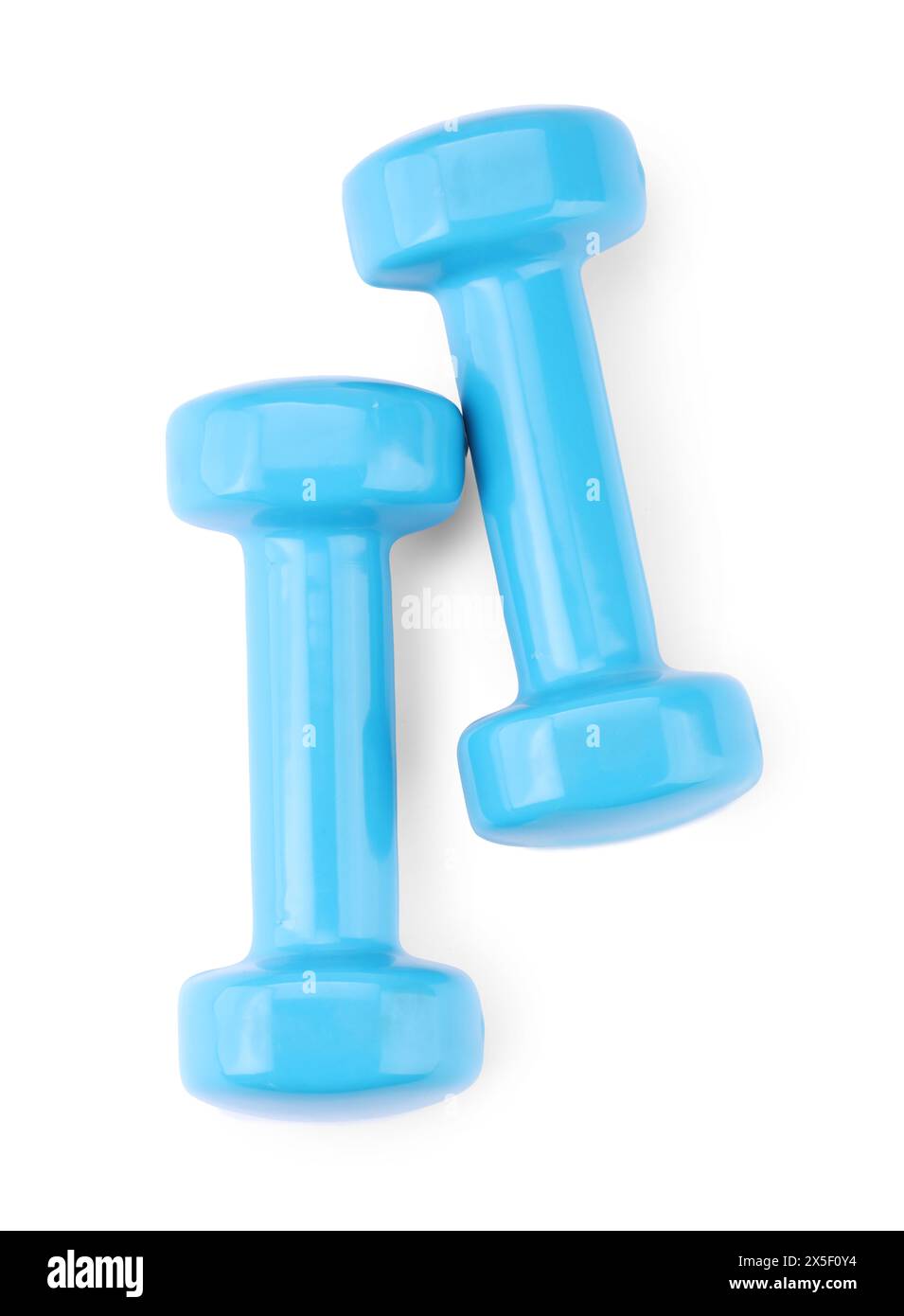 Light blue dumbbells isolated on white, top view. Sports equipment ...