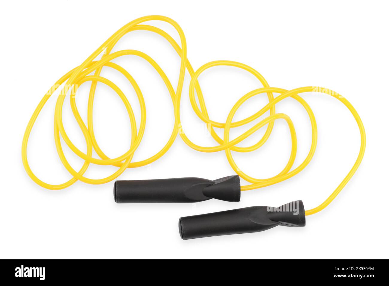Yellow skipping rope isolated on white, top view. Sports equipment ...