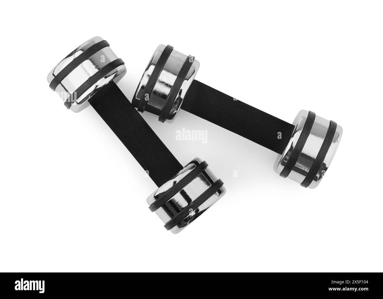 Metal dumbbells isolated on white, top view. Sports equipment Stock ...