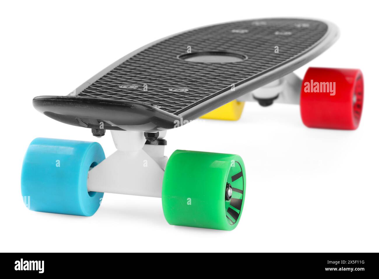 Black skateboard with colorful wheels isolated on white. Sports ...