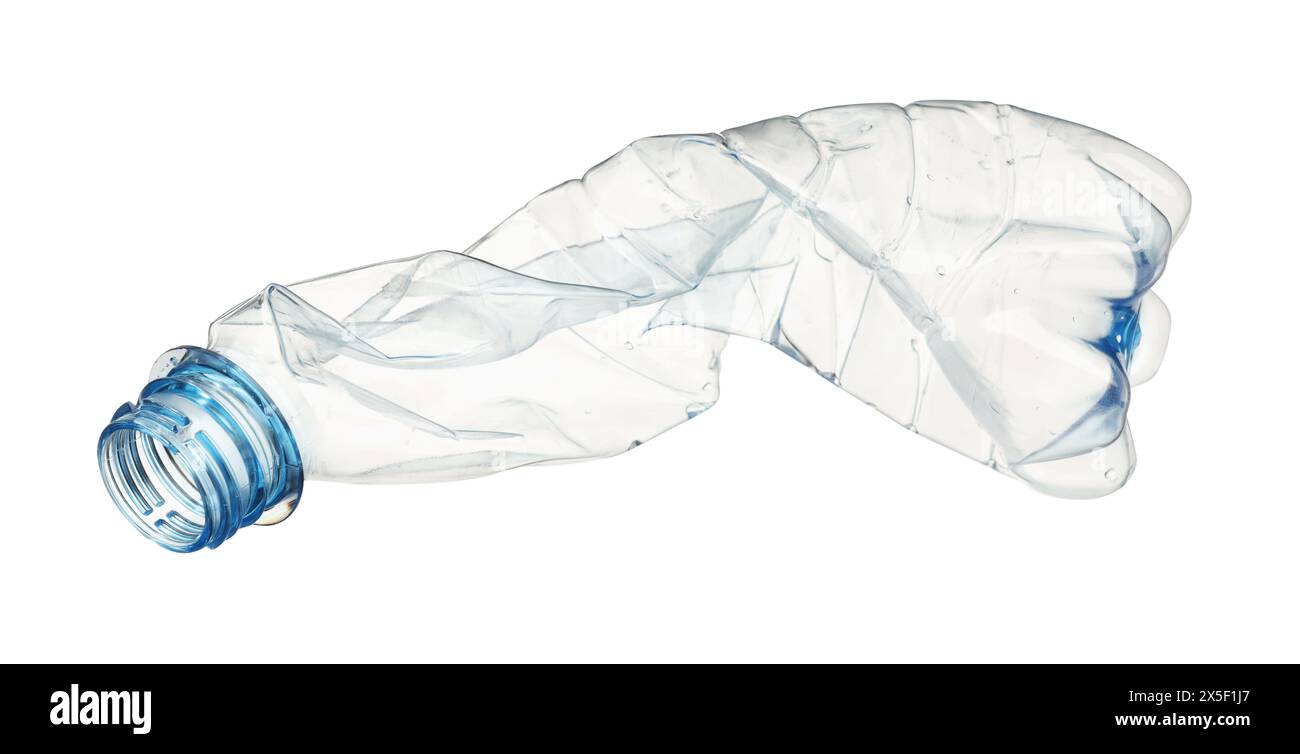 Crumpled disposable plastic bottle isolated on white Stock Photo - Alamy
