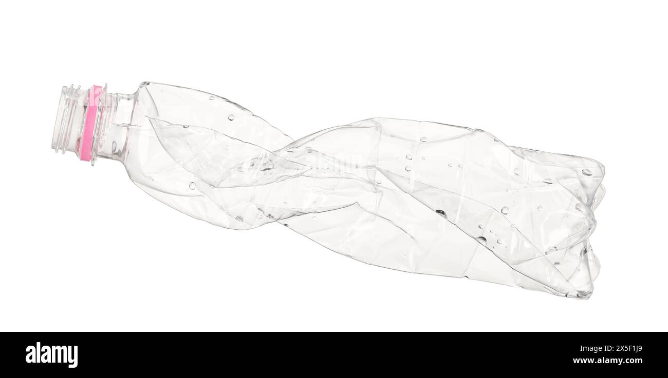 Crumpled disposable plastic bottle isolated on white Stock Photo - Alamy