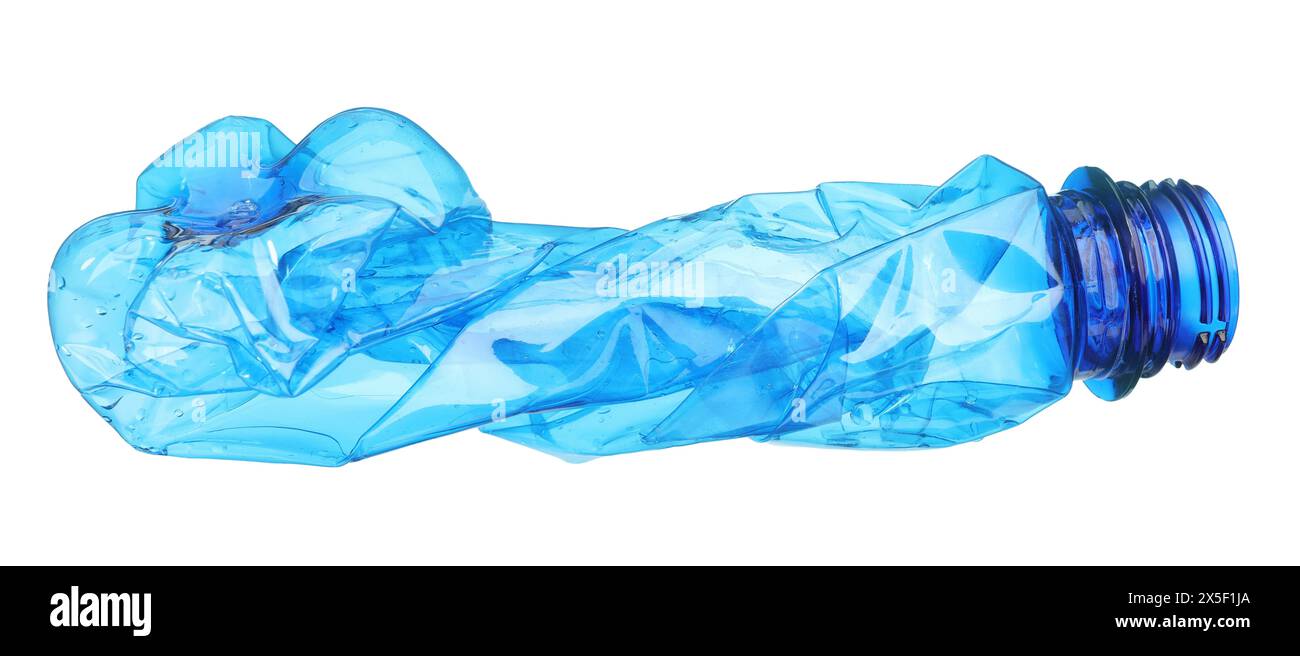 Crumpled disposable plastic bottle isolated on white Stock Photo - Alamy