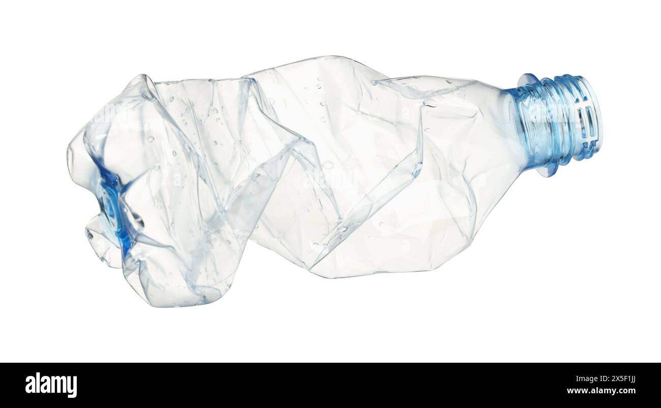 Crumpled disposable plastic bottle isolated on white Stock Photo - Alamy