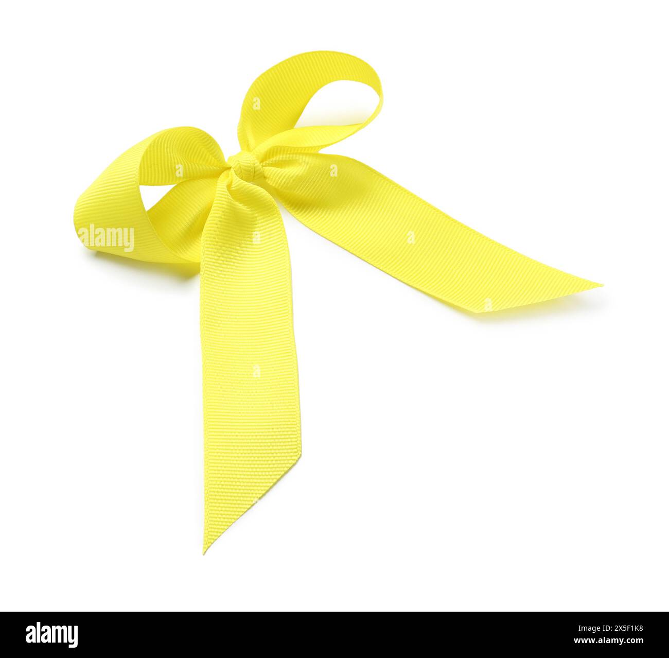 One yellow ribbon bow on white background Stock Photo - Alamy