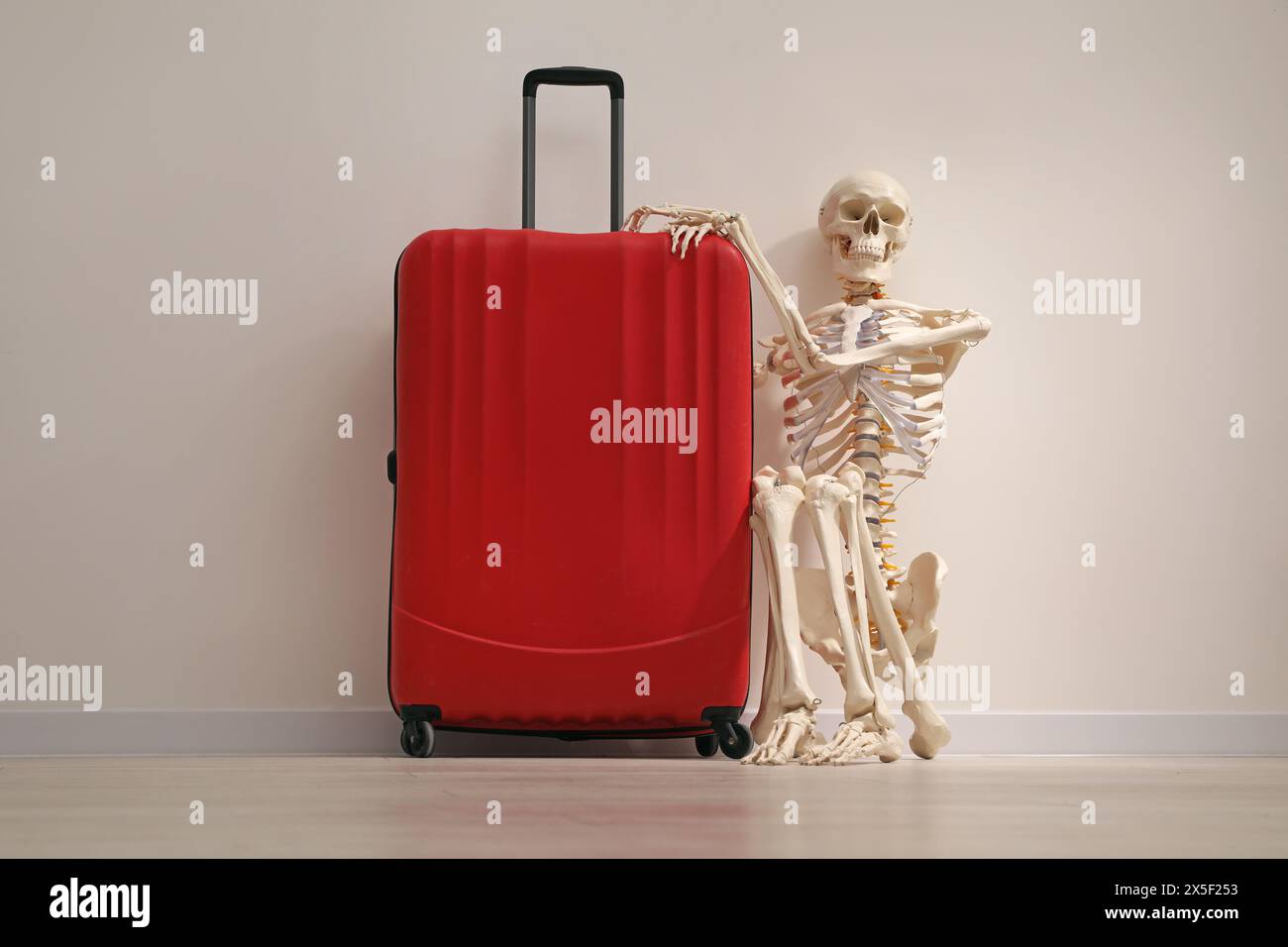 Waiting concept. Human skeleton with suitcase near light grey wall ...