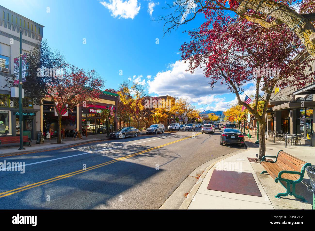 Shops and cafes on Sherman Street in the lakeside downtown area of the ...