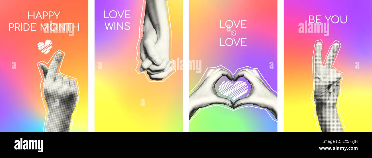 LGBTQ Pride month halftone collage posters set vector illustration ...