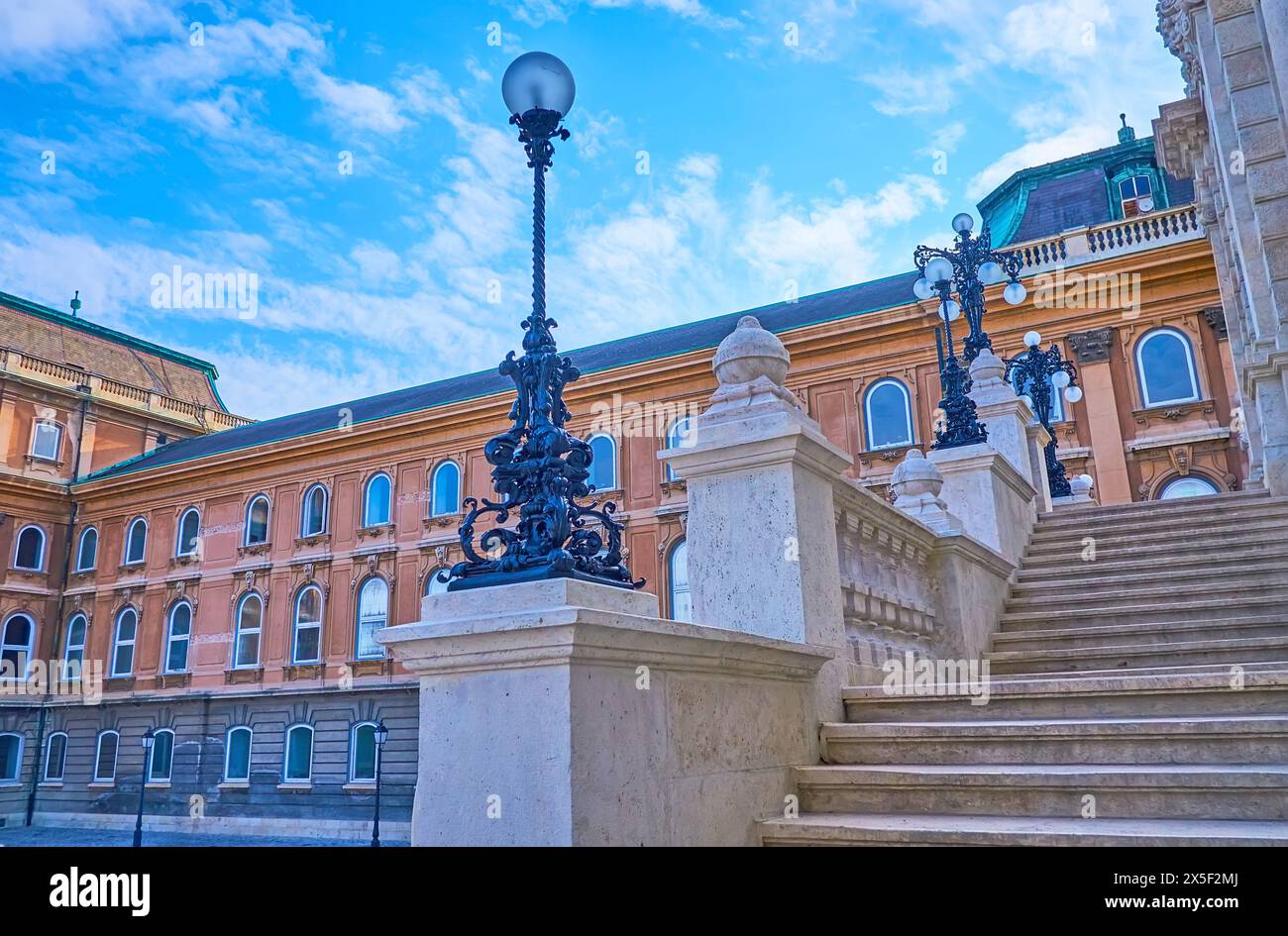 The white stone stairway to Habsburg Gates of Buda Castle, decorated ...