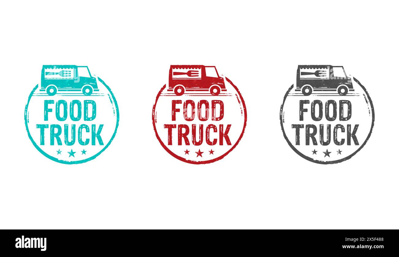 Food truck stamp icons in few color versions. Street food vehicle ...