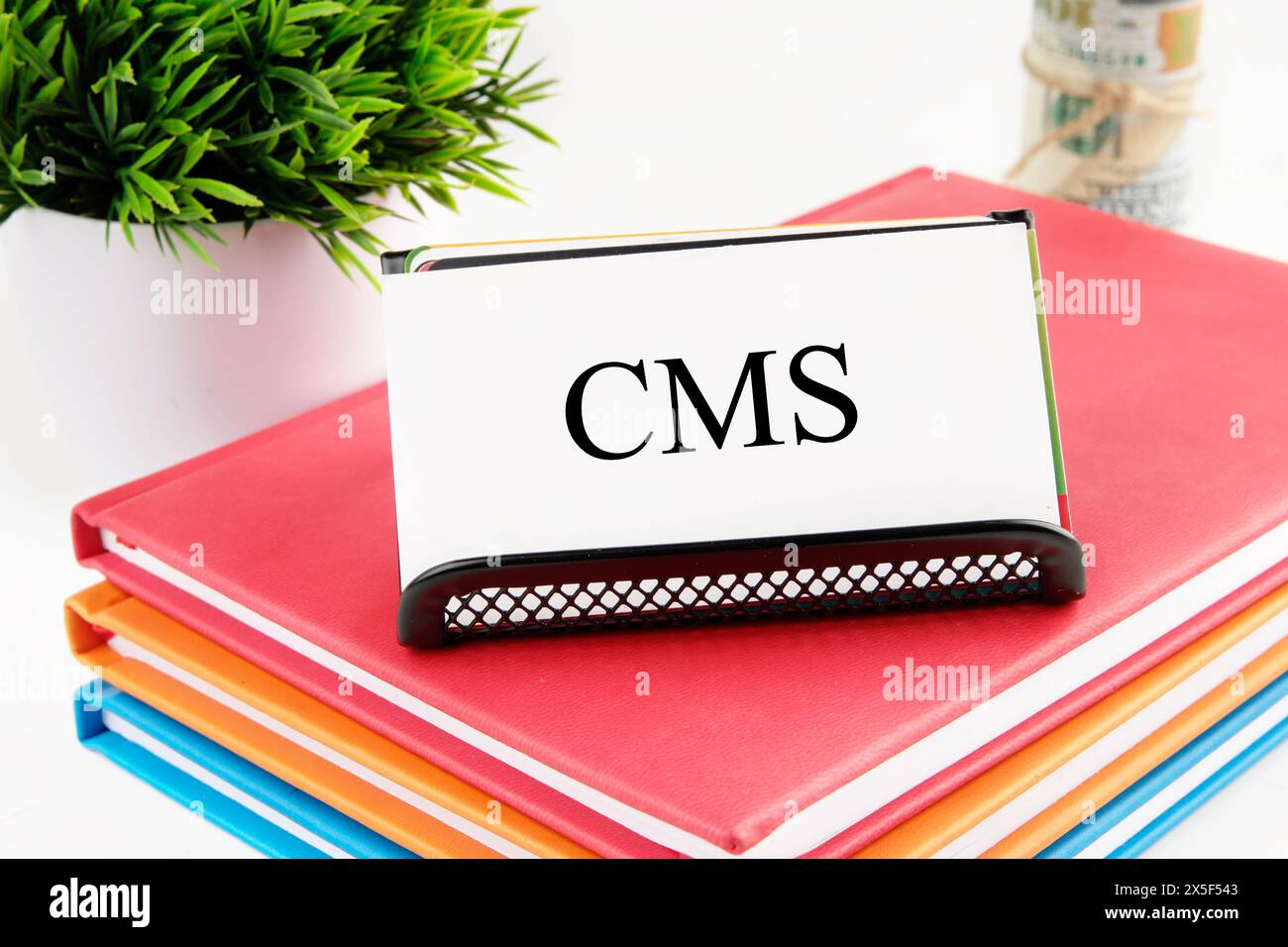 CMS (Custom Management System) written on the card on the stand Stock ...