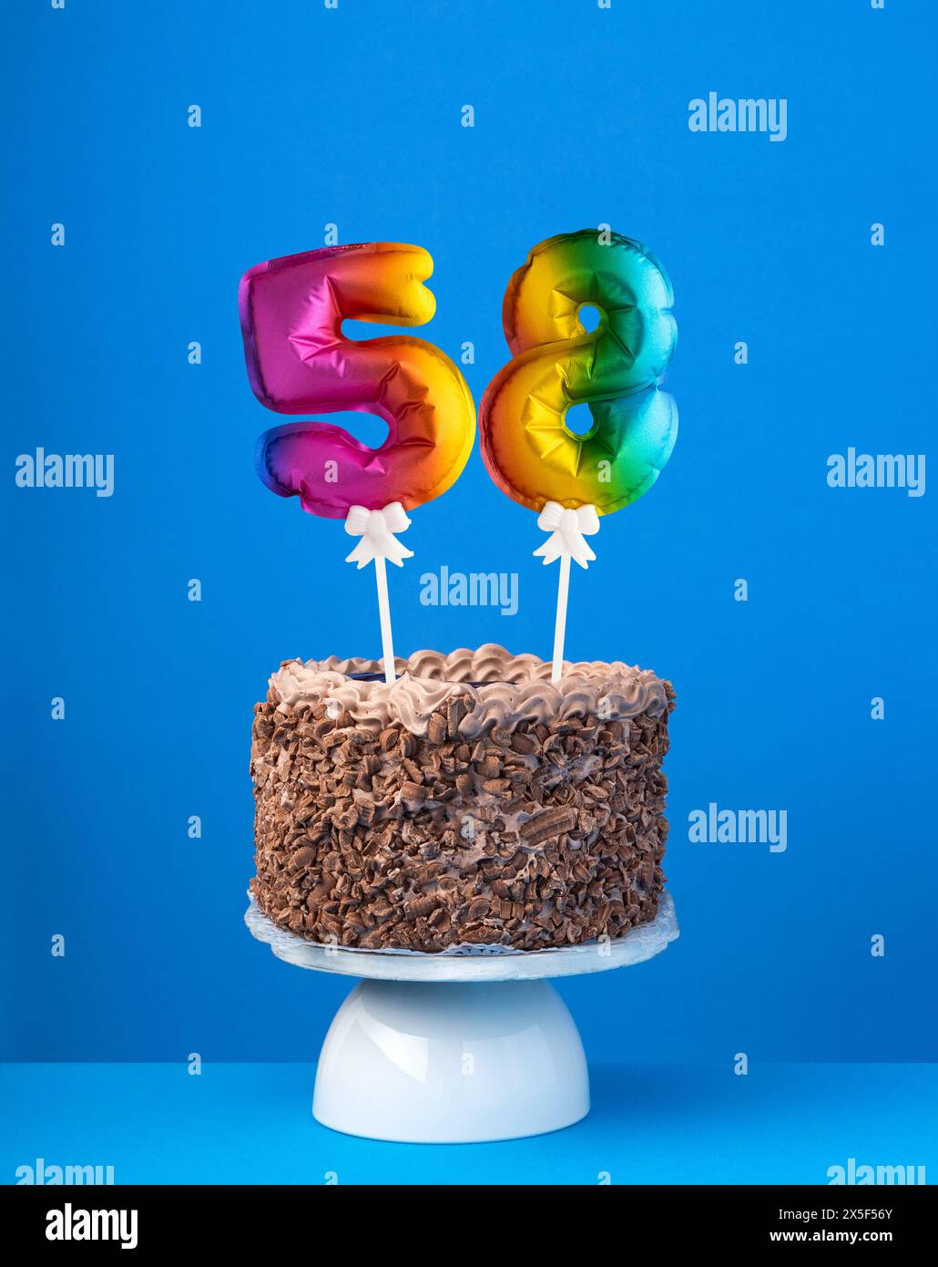 Birthday cake with balloon number 58 - Invitation card on blue ...