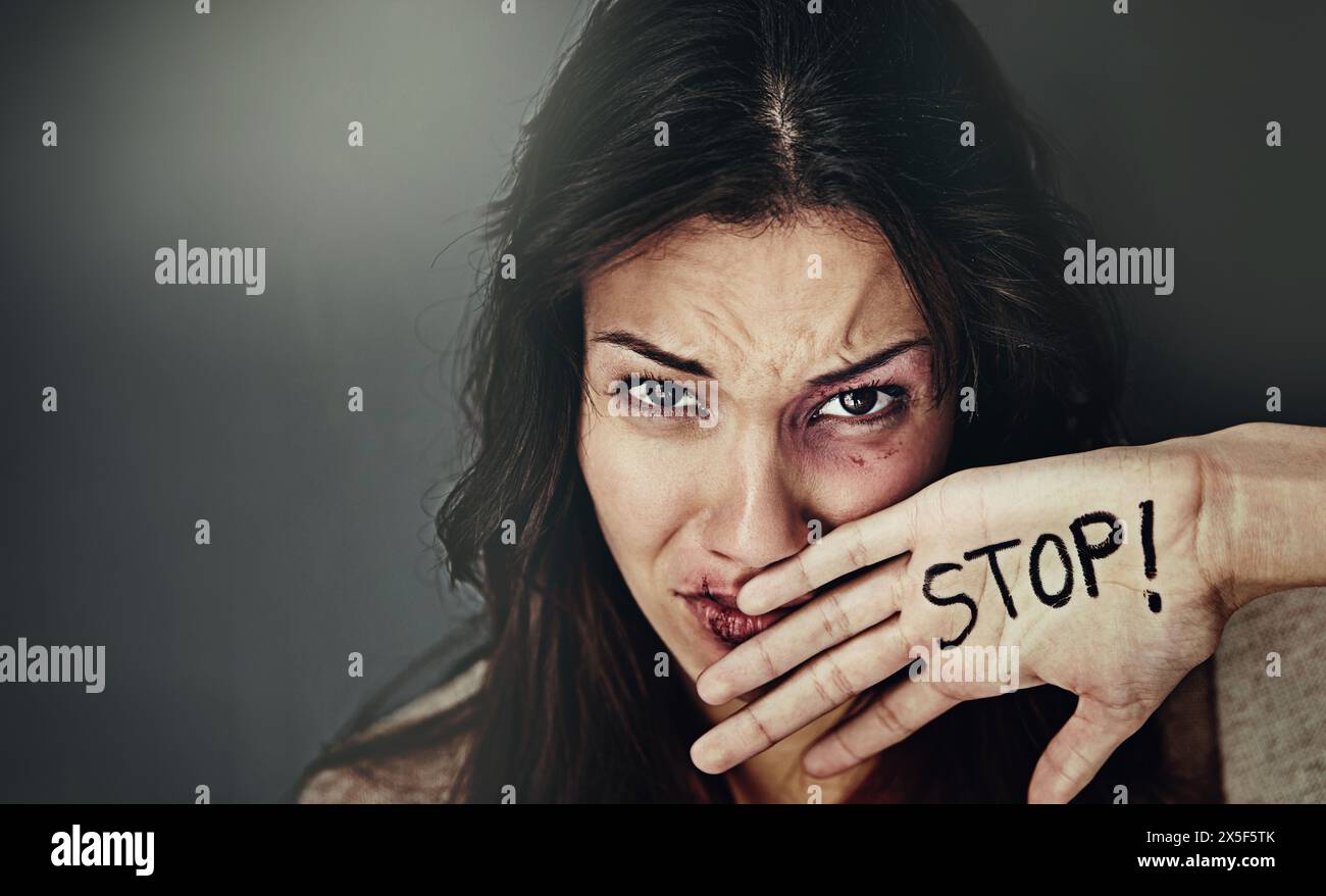 Portrait, woman and hand with stop, crying and protection with fear ...