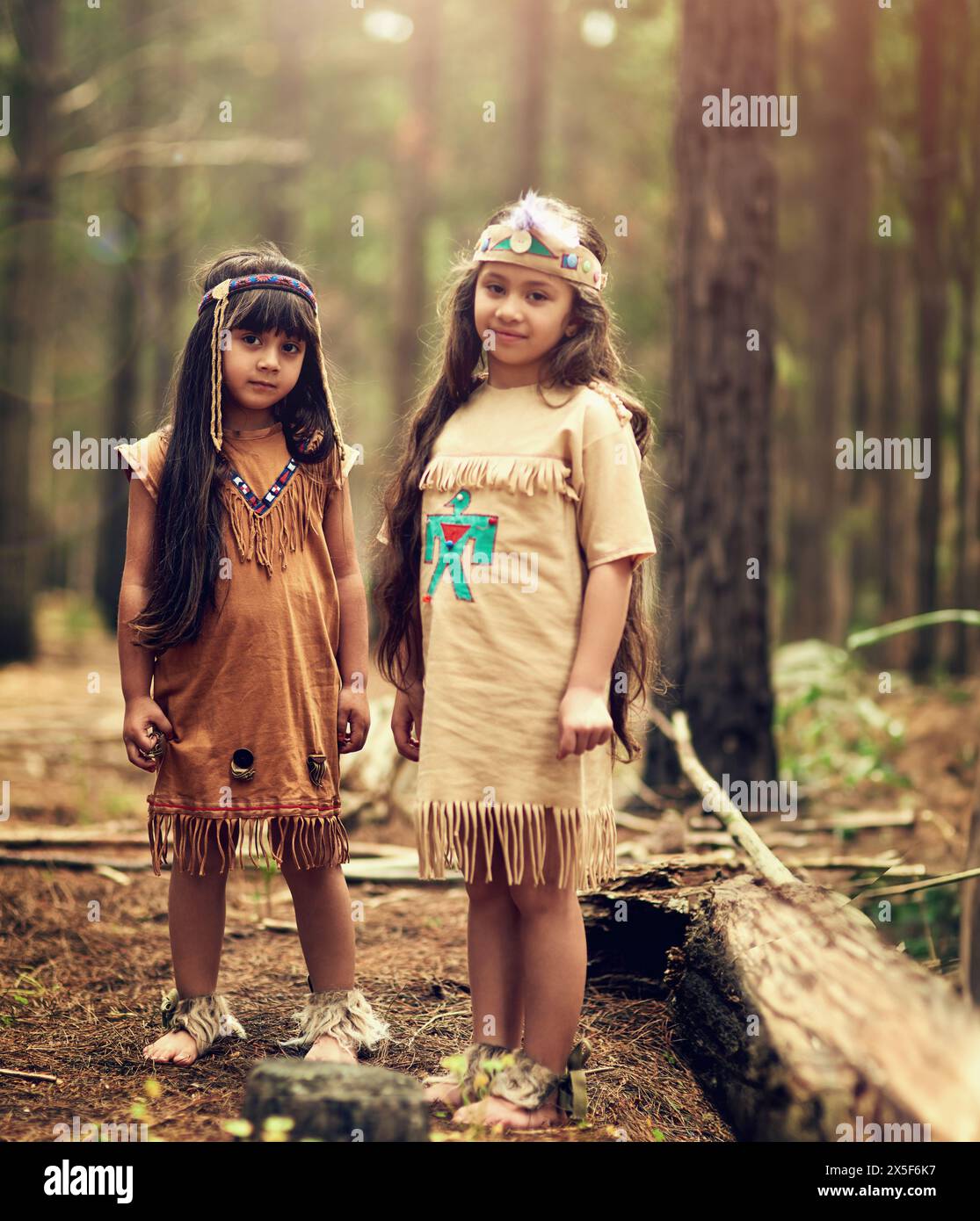 Native American children, girl and forest for portrait with culture ...