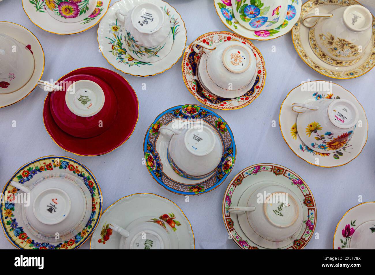Random array of inverted English style tea cups Stock Photo - Alamy