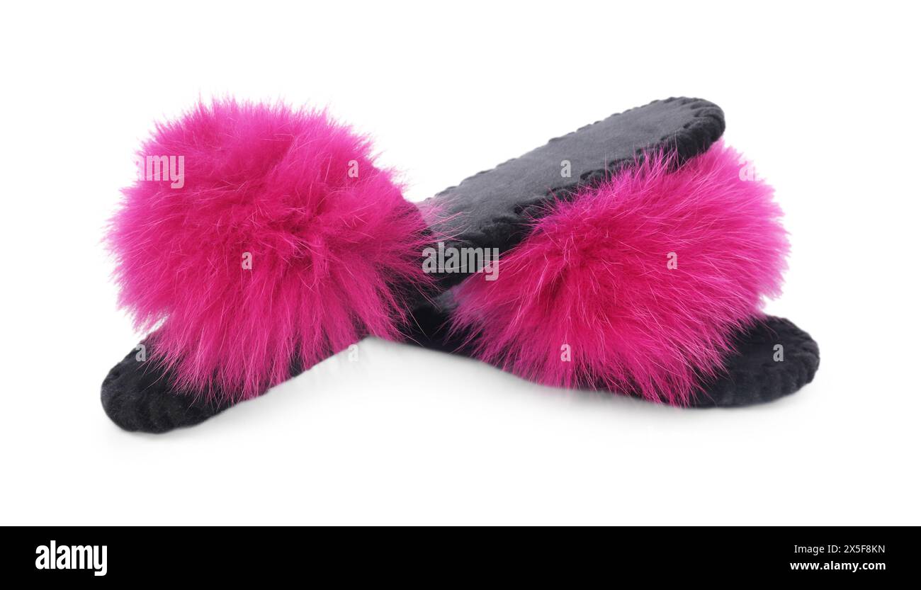 Pair of fluffy slippers isolated on white Stock Photo - Alamy