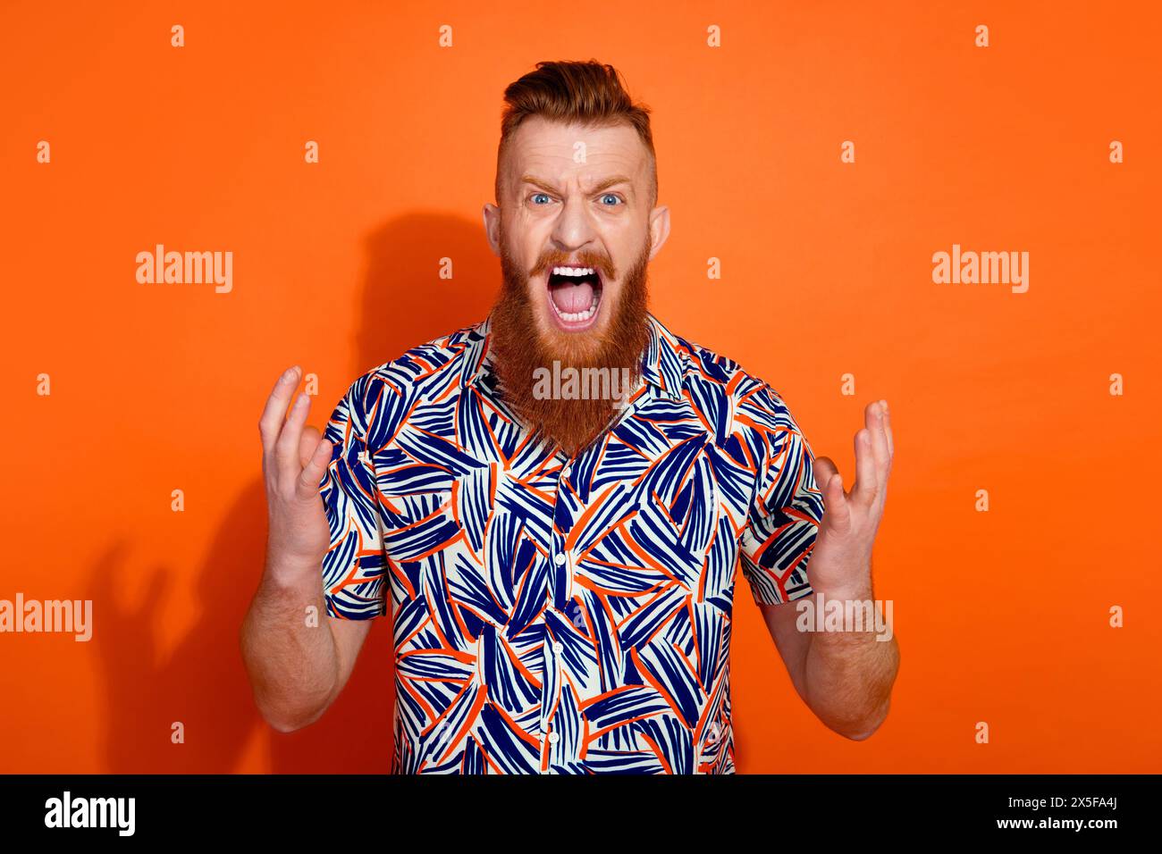Photo of furious mad guy dressed print shirt shouting you empty space ...