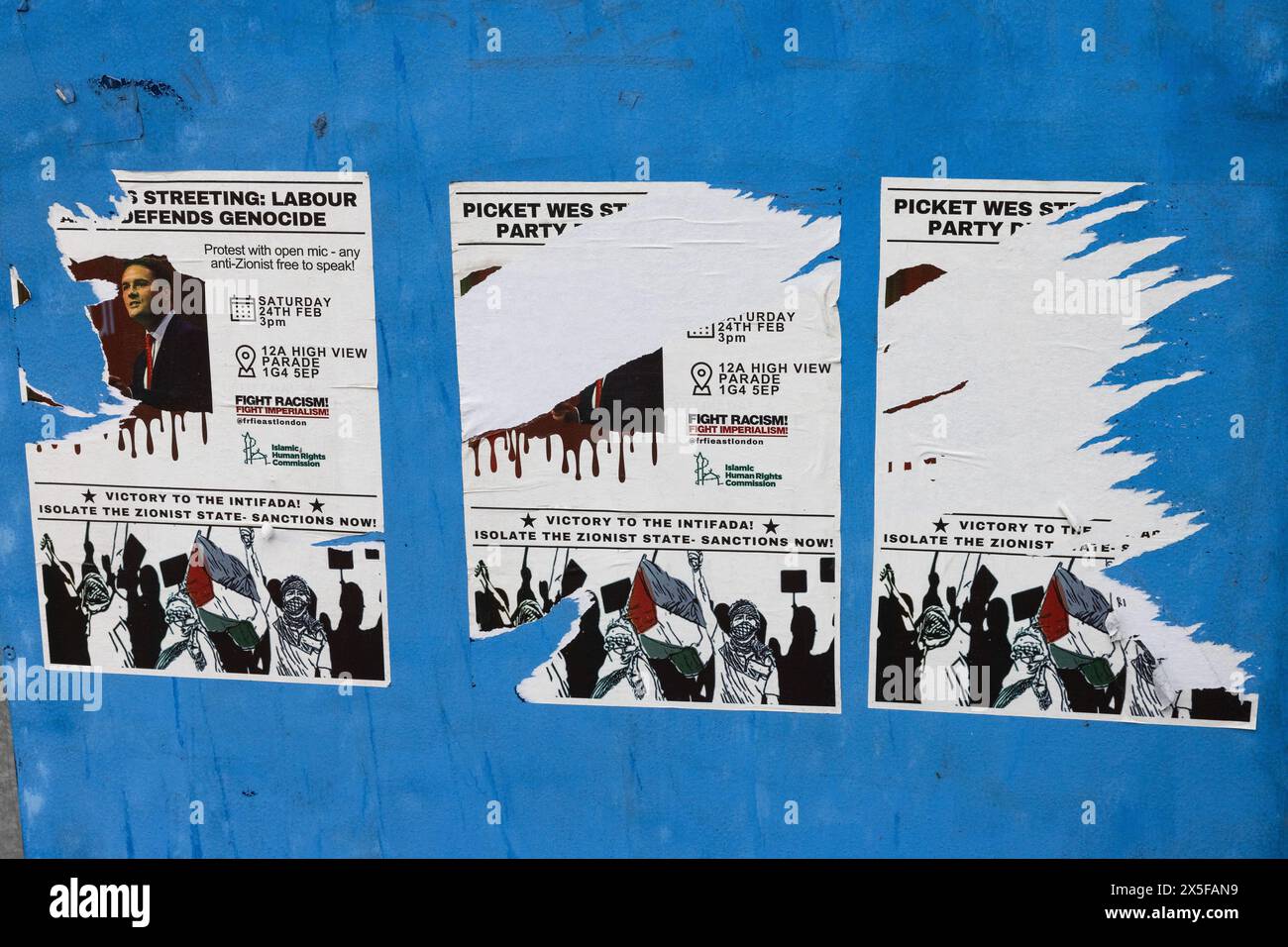London, UK. 7th May, 2024. Torn posters advertising a protest against ...