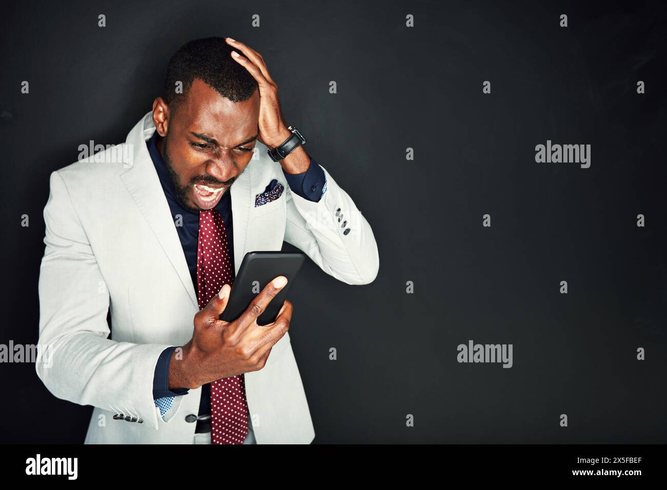 Angry, businessman and shocked by news with phone scam or fraud on ...