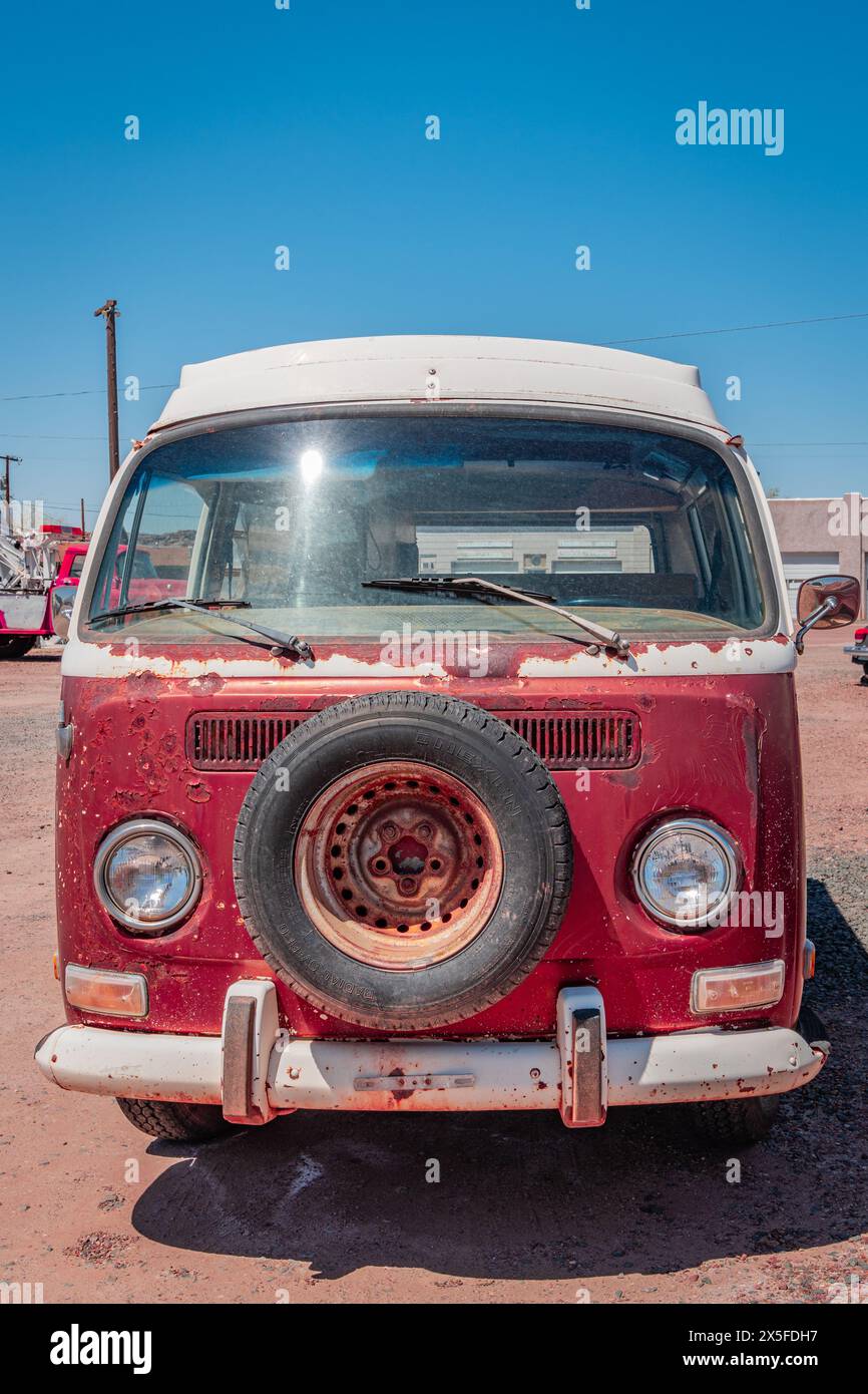 Holbrook, AZ, US-April 13 , 2024: Vintage 1960s bright red VW kombi ...