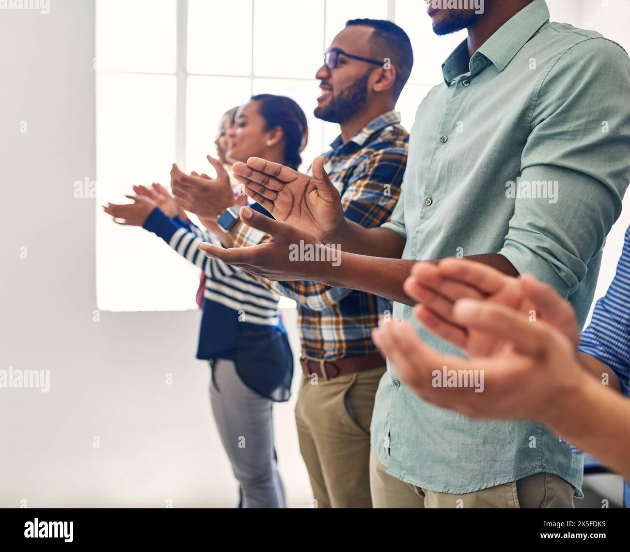 Businesspeople, meeting and clapping hands in office, success and ...
