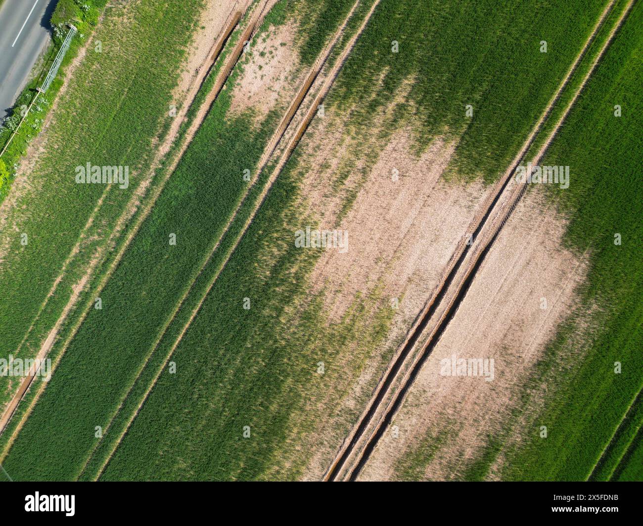 Aerial view of water damaged agricultural farm crops in Herefordshire ...
