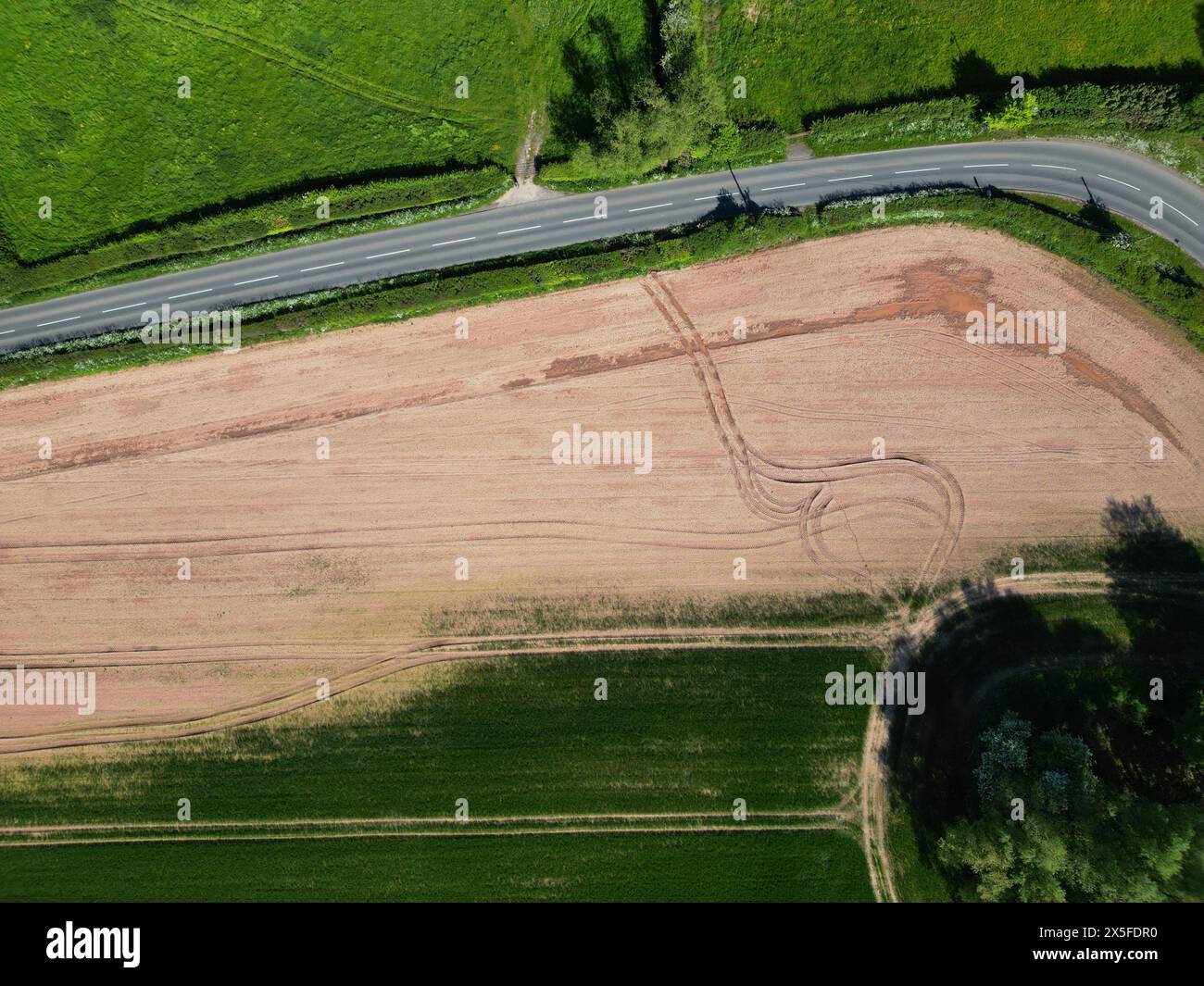 Aerial view of water damaged agricultural farm crops in Herefordshire ...