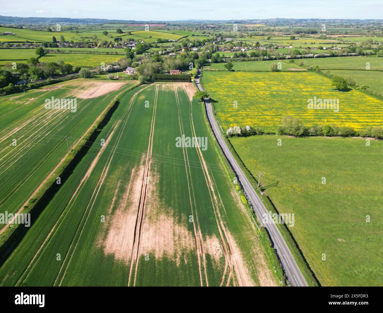 Aerial view of water damaged agricultural farm crops in Herefordshire ...