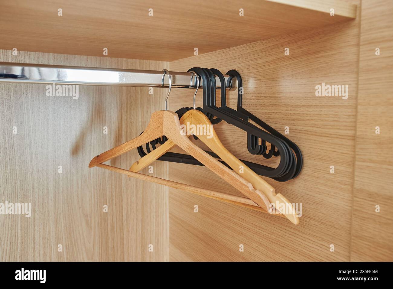 Empty cabinet wardrobe space, cloth hangers Stock Photo - Alamy