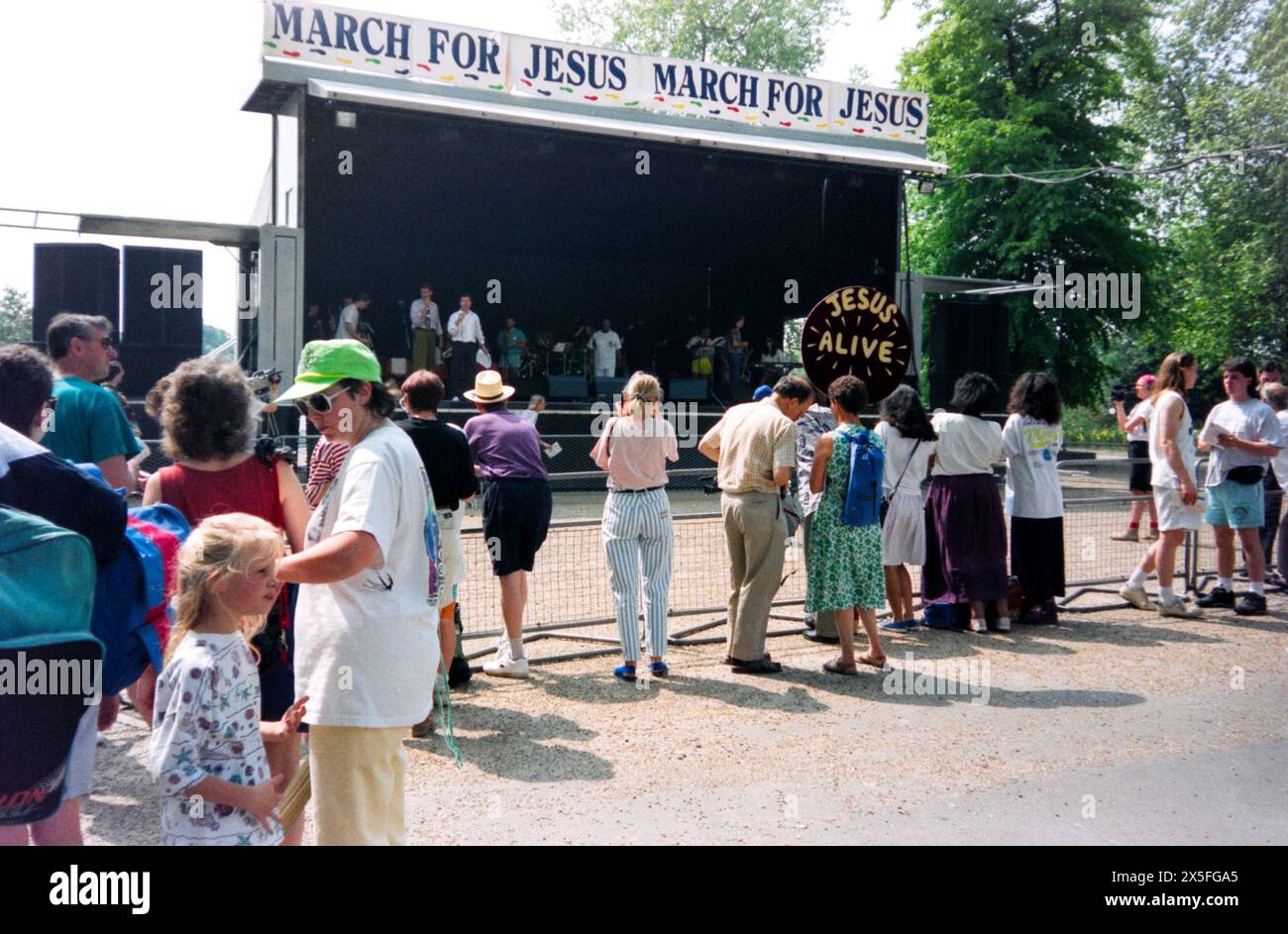 March for Jesus events stage in Hyde Park, London, UK, in 1992. Musical ...