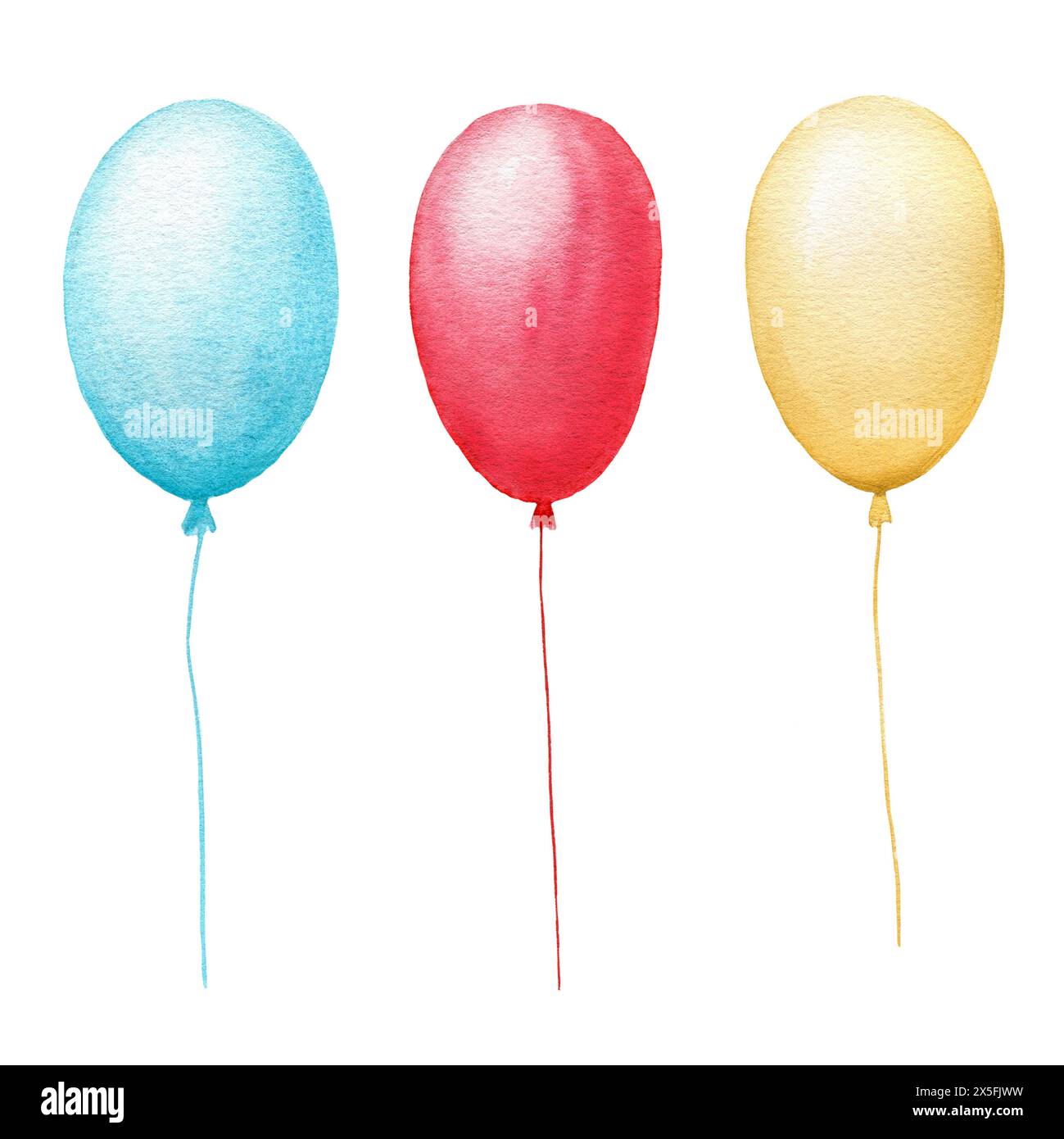 Balloons, three different colors - blue, red, yellow. Watercolor ...