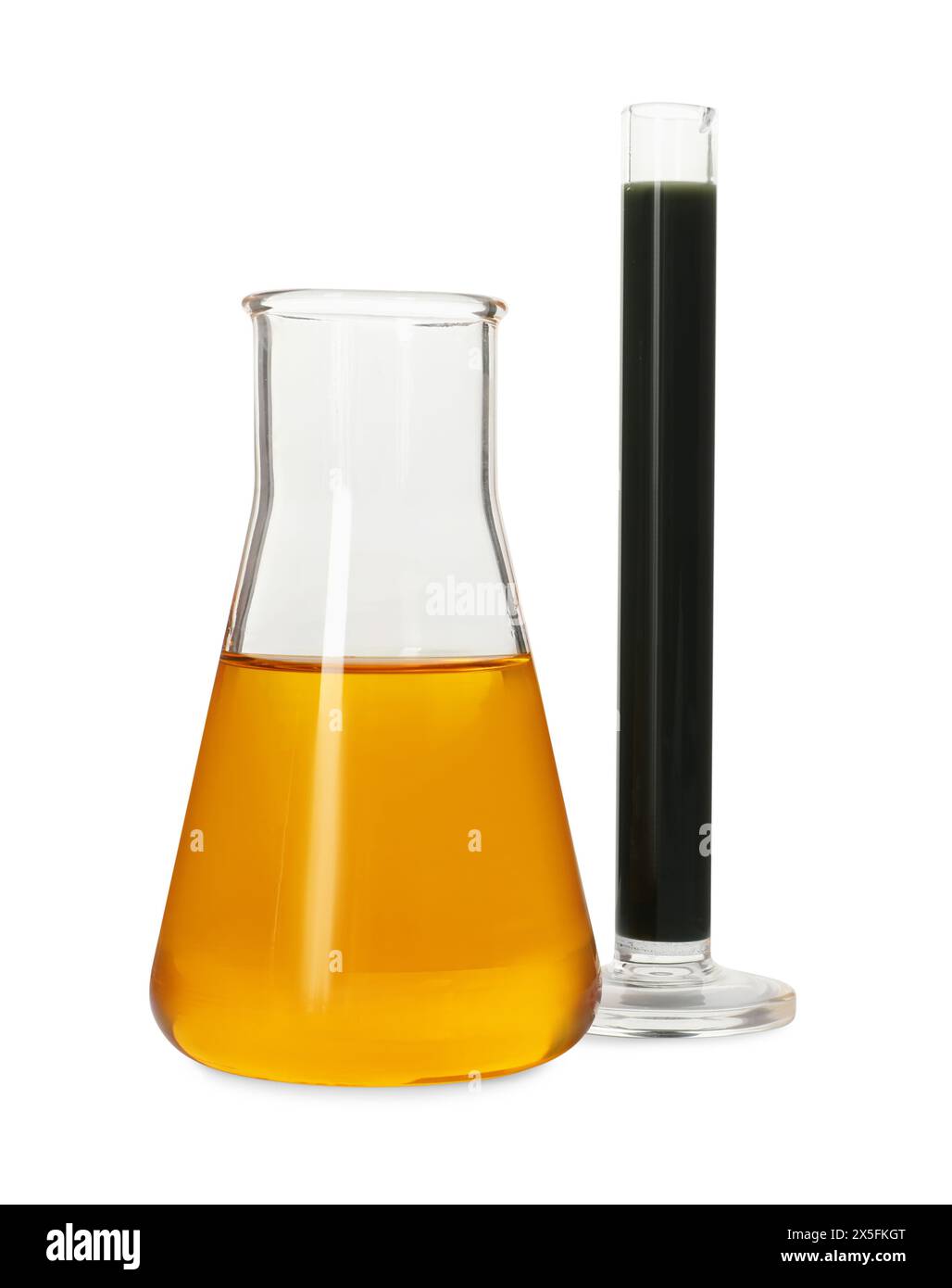 Test tube and flask with different types of oil isolated on white Stock ...