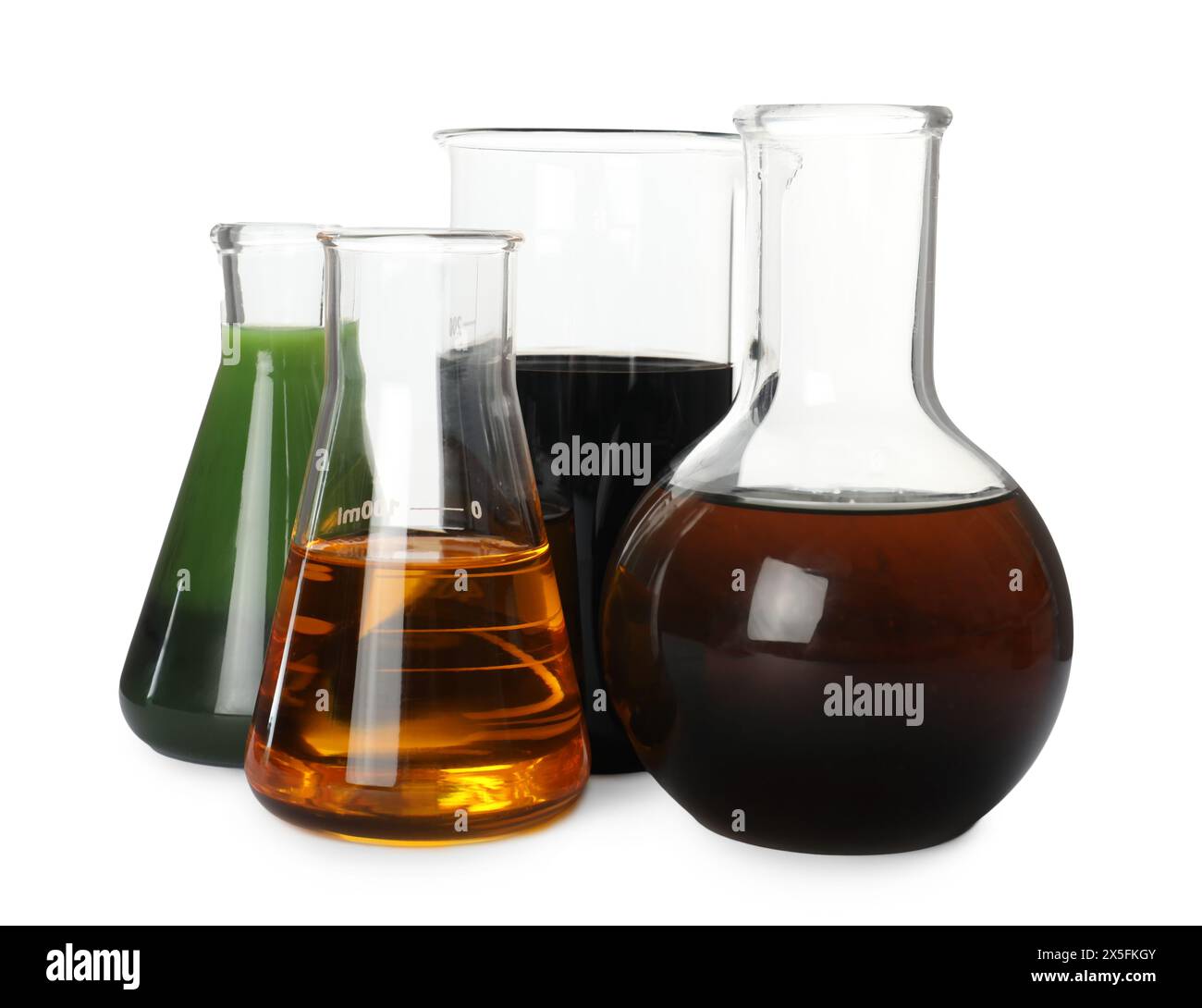 Laboratory glassware with different types of crude oil isolated on ...