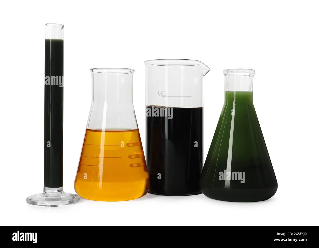 Test tube, beaker and flasks with different types of oil isolated on ...