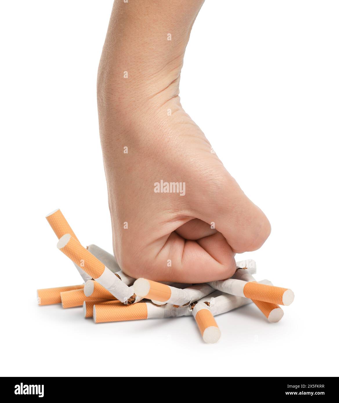 Stop smoking. Man crushing cigarettes on white background, closeup ...