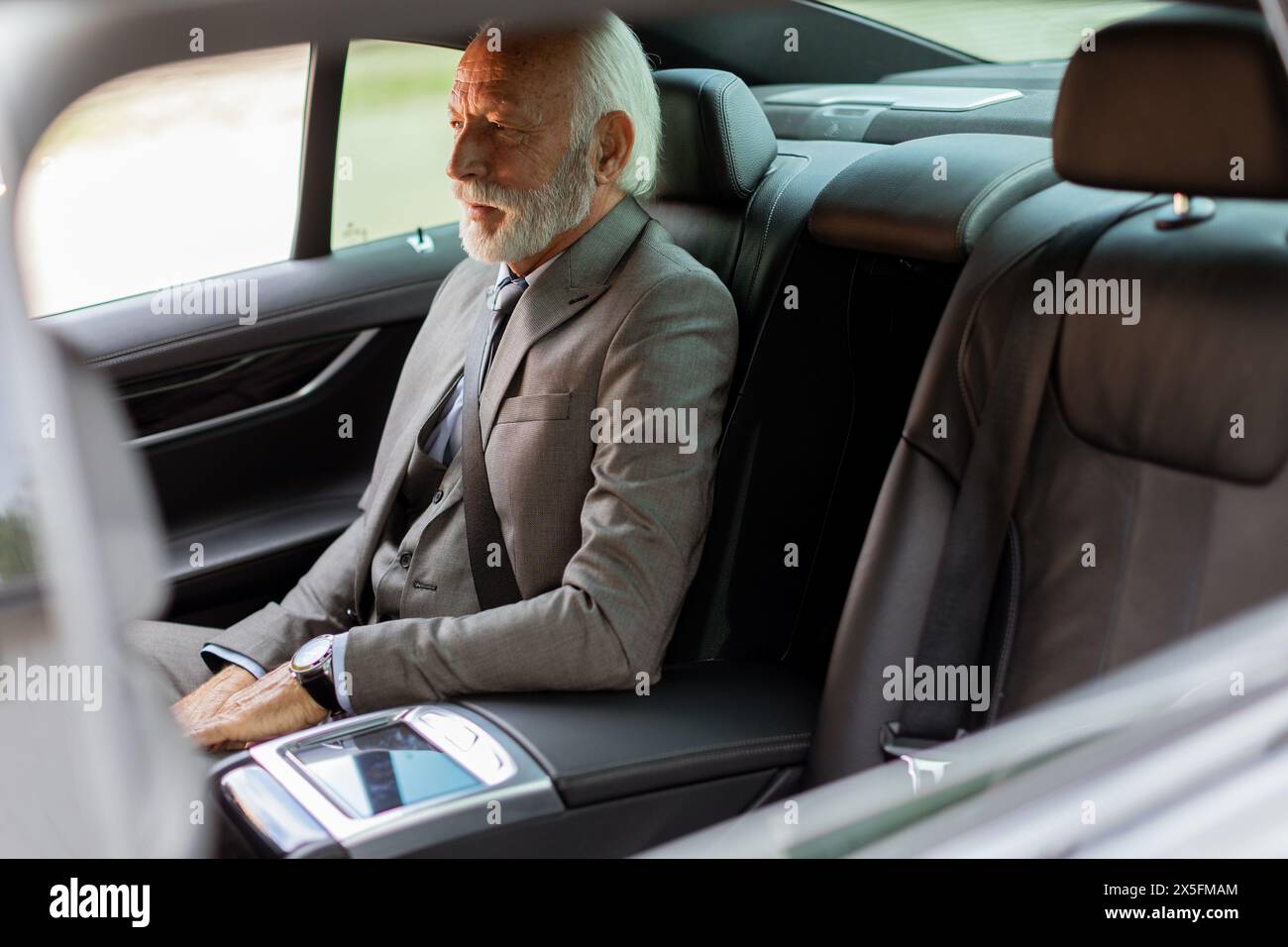 Dignified elderly man with a beard smiles warmly from the drivers seat ...