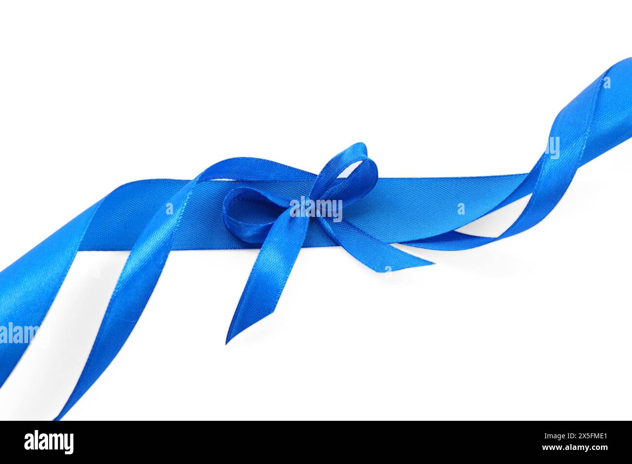 Blue satin ribbons with bow isolated on white, above view Stock Photo ...