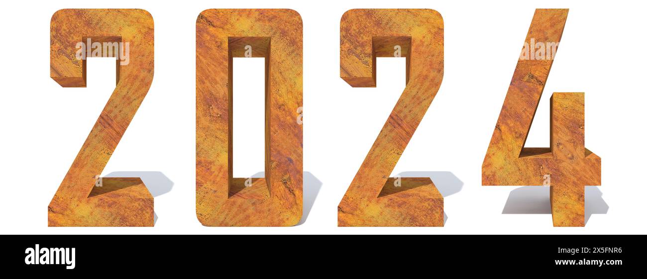 Concept or conceptual 2024 year made of old, rusted metal isolated on ...