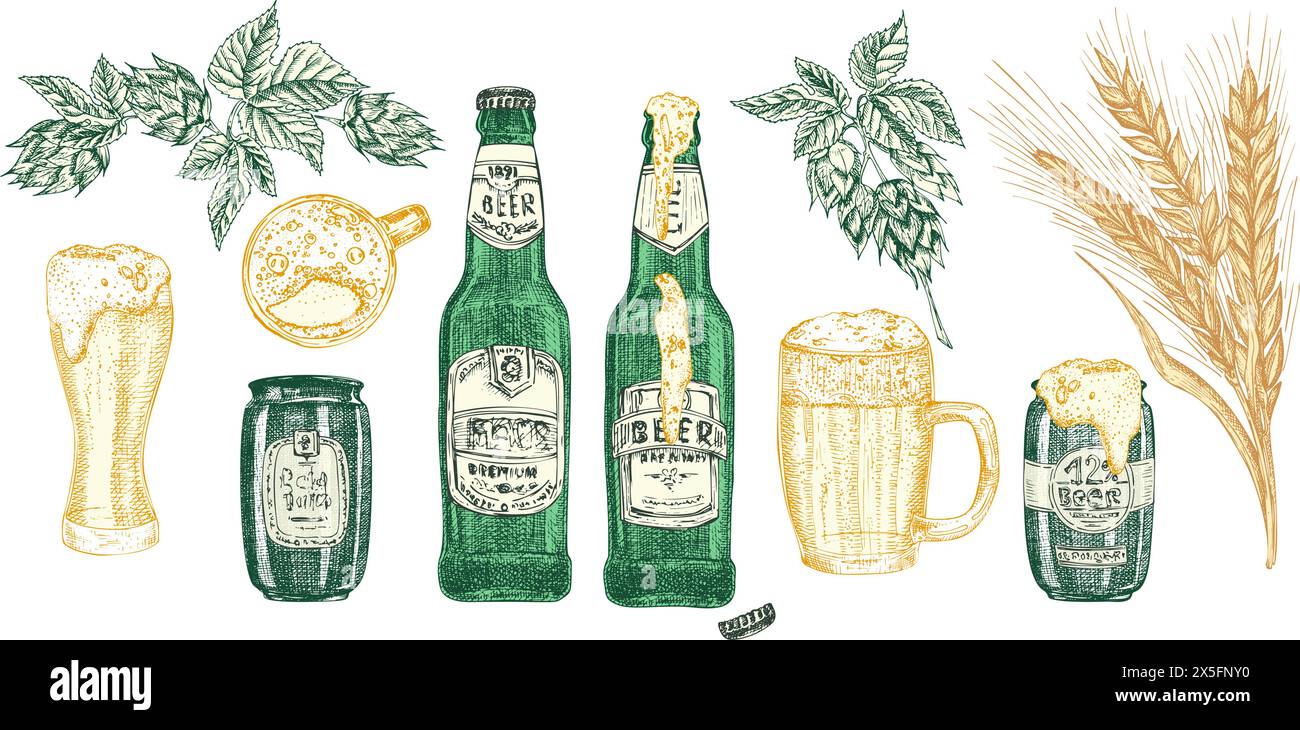 Hand drawn sketch bottle and beer can Vintage design bar, restaurant ...