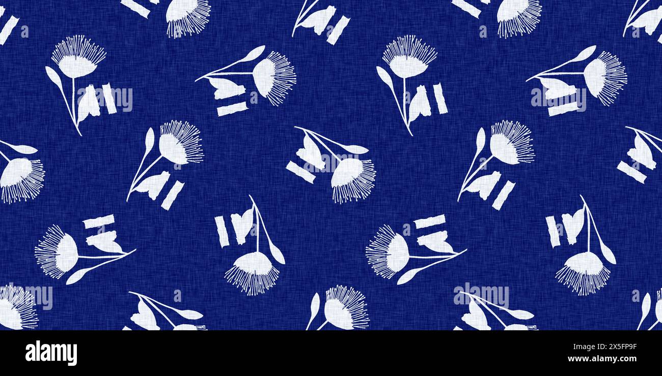 Indigo denim blue leaf motif seamless border. Japanese dye batik fabric ...